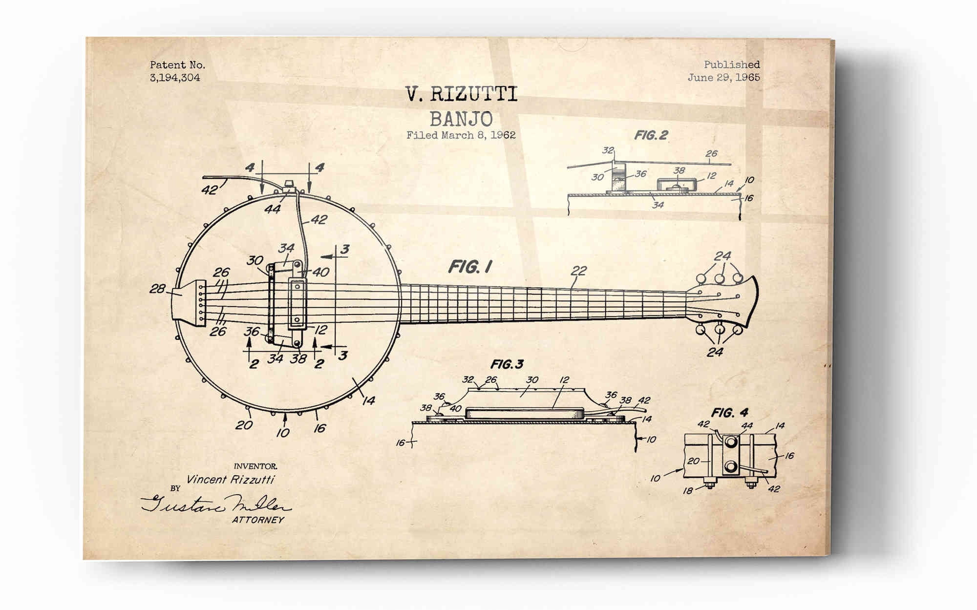 Epic Art 'Banjo Blueprint Patent Parchment' Acrylic Glass Wall Art, 16 ...