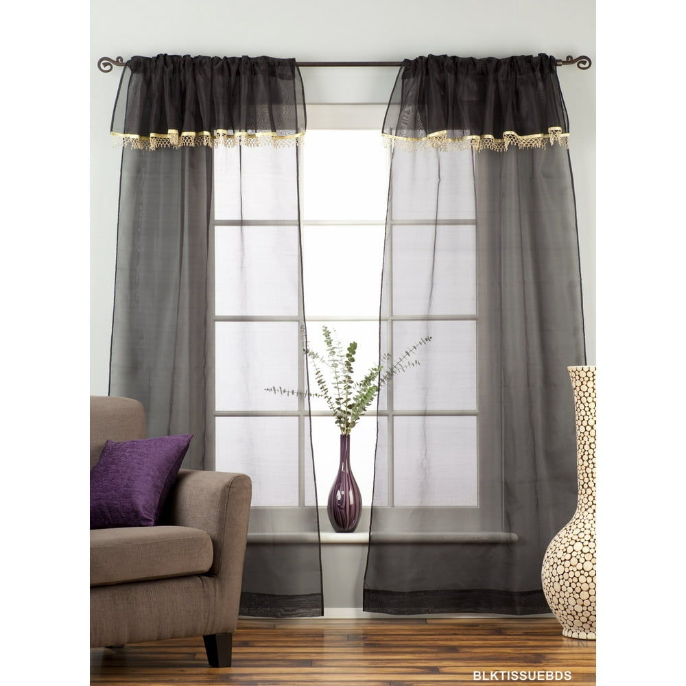 Black Rod Pocket w/ attached Beaded Valance Sheer Tissue Curtains ...
