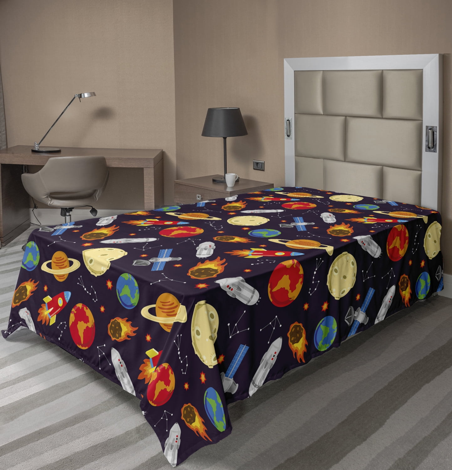 Space Flat Sheet, Universe Themed Illustration with Earth Moon ...