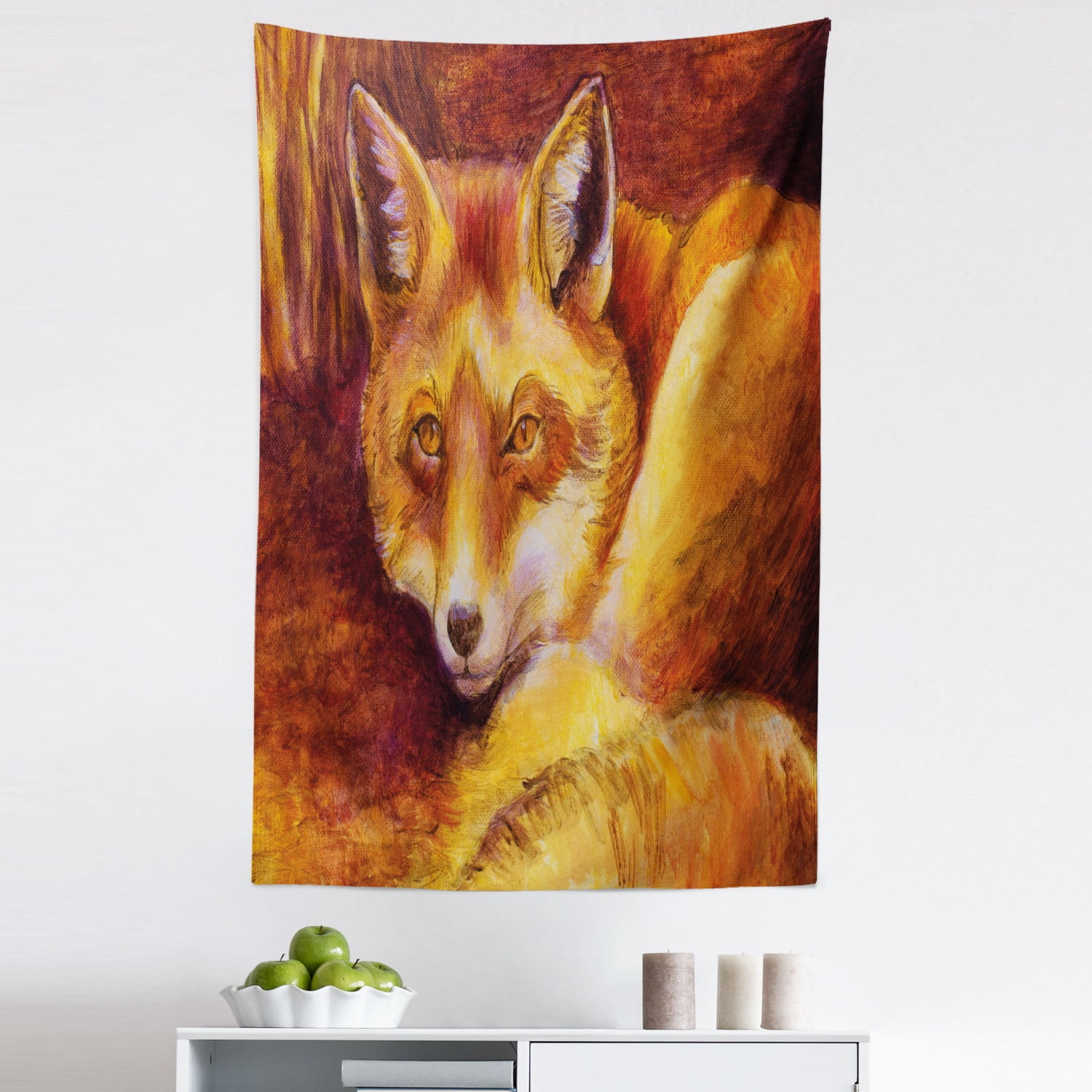 Fox Tapestry, Monochromatic Fox Resting Painting Style Display Vibrant ...