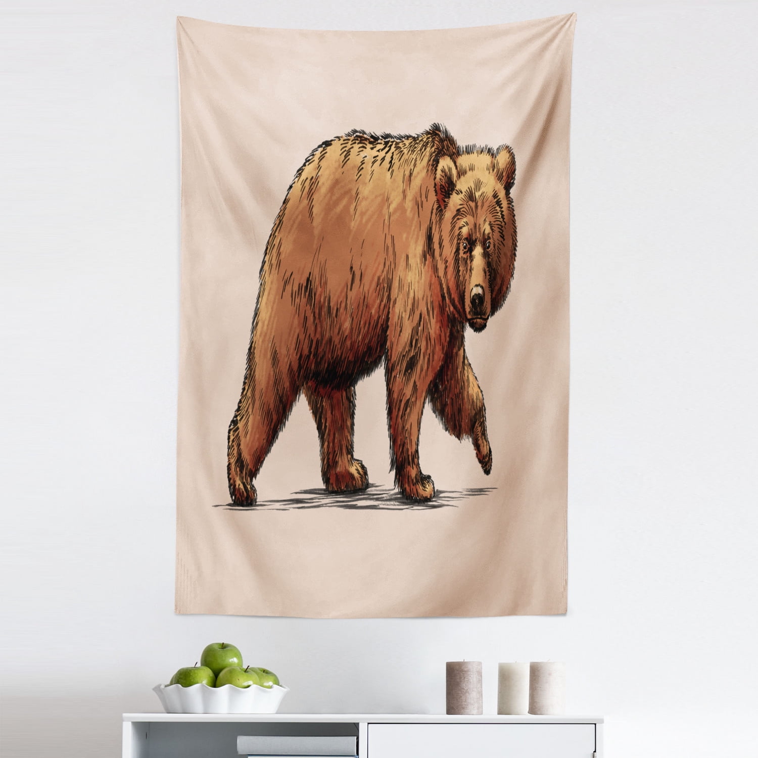 Bear Tapestry, Ink Drawing Style Wildlife Beast Carnivore Walking ...