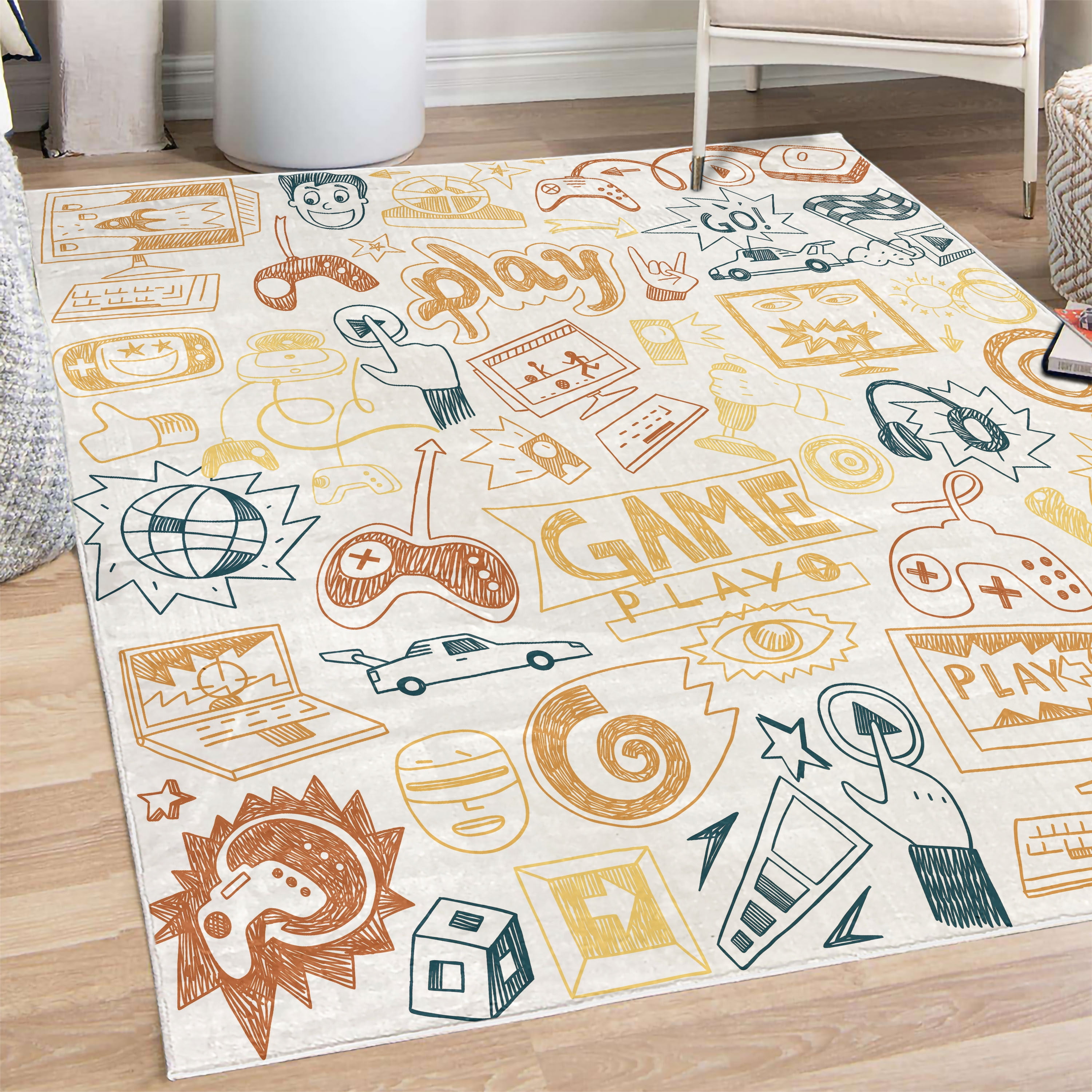 Video Games Decorative Rug, Monochrome Sketch Gaming Design Racing ...