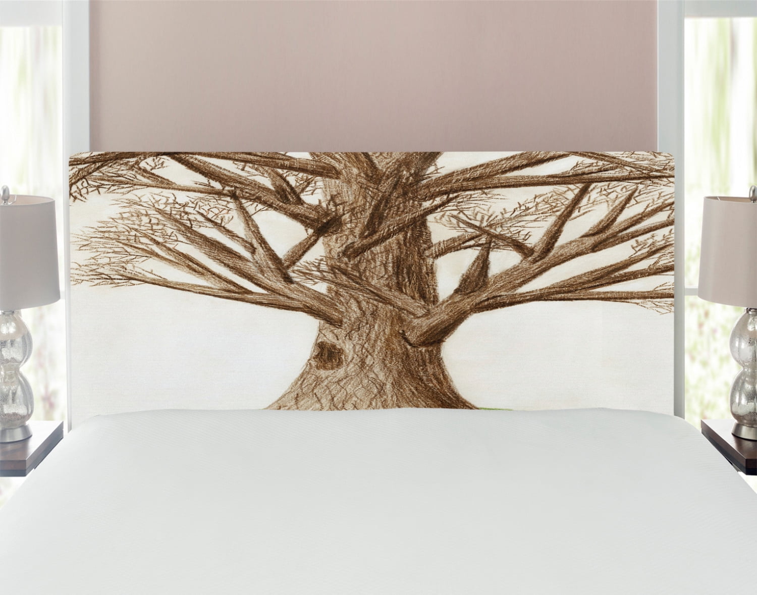 Tree of Life Headboard, Hand Drawn Pastoral Single Old Tree with ...