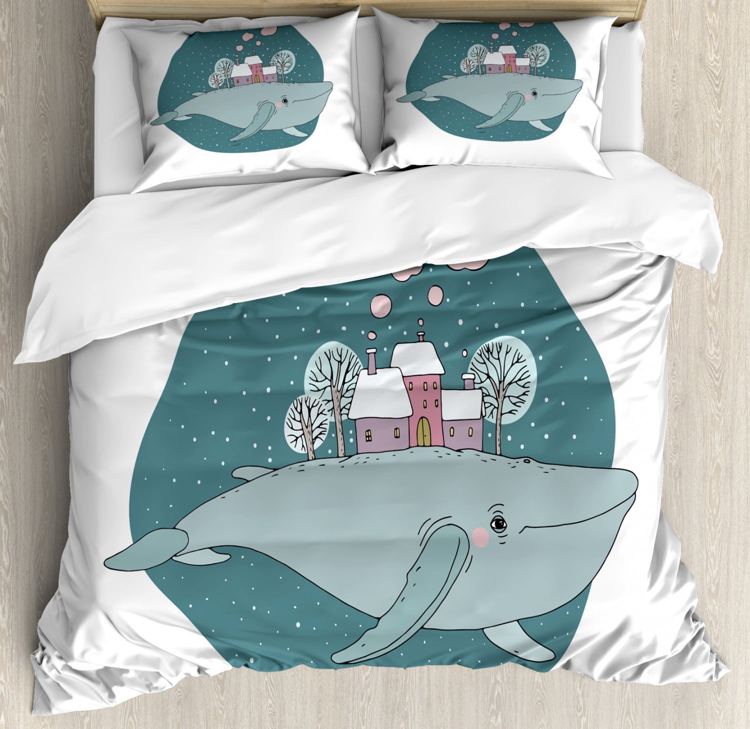 Whale Duvet Cover Set Queen Size, Majestic Whale in the Sky Carrying ...