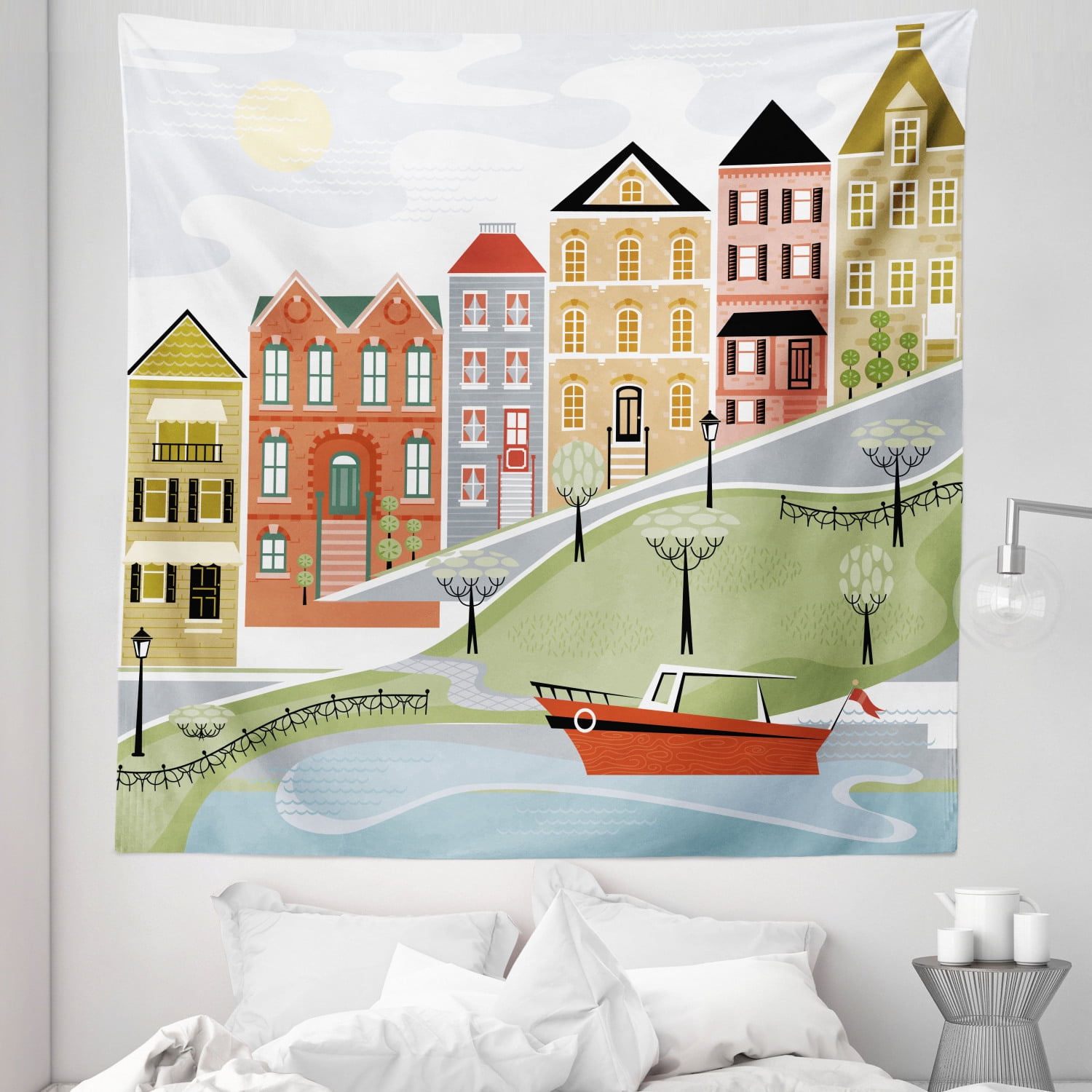 Cartoon Tapestry, Quaint Village Street and Colorful Building by River ...