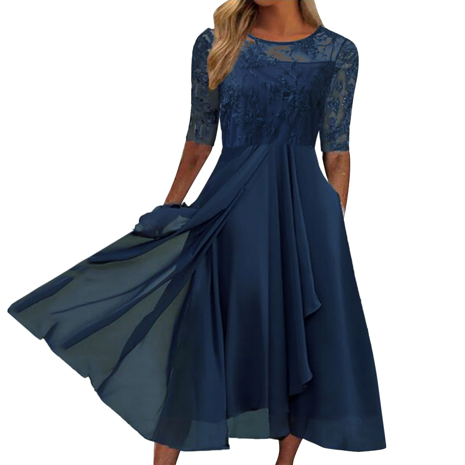Women Elegant Long Dresses Womens Tea Length Embroidery Lace Chiffon ...