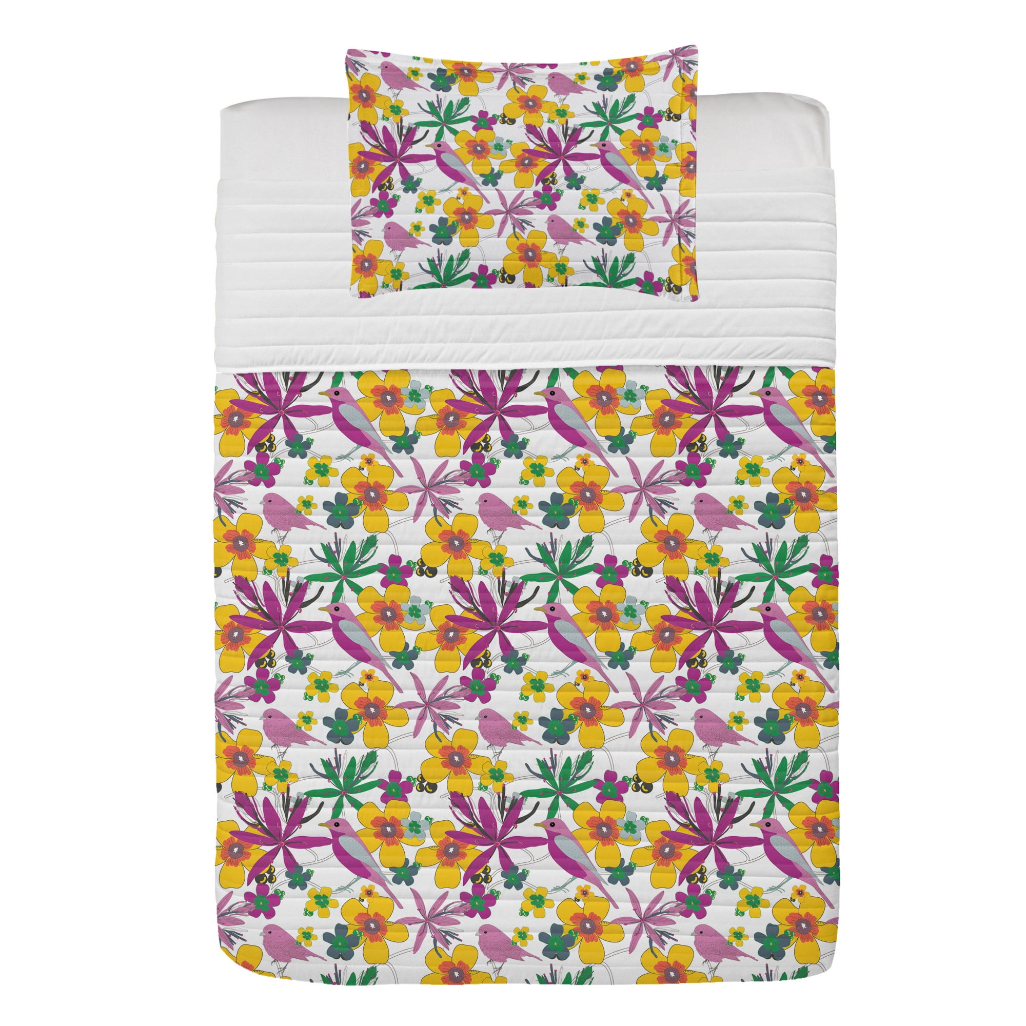 Floral Microfiber Bedspread Set, Birds Pointed Flowers Long Leaves ...