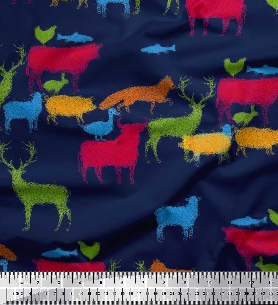 Soimoi Satin Silk Fabric Birds & Animals Hand Drawn Print Fabric by ...