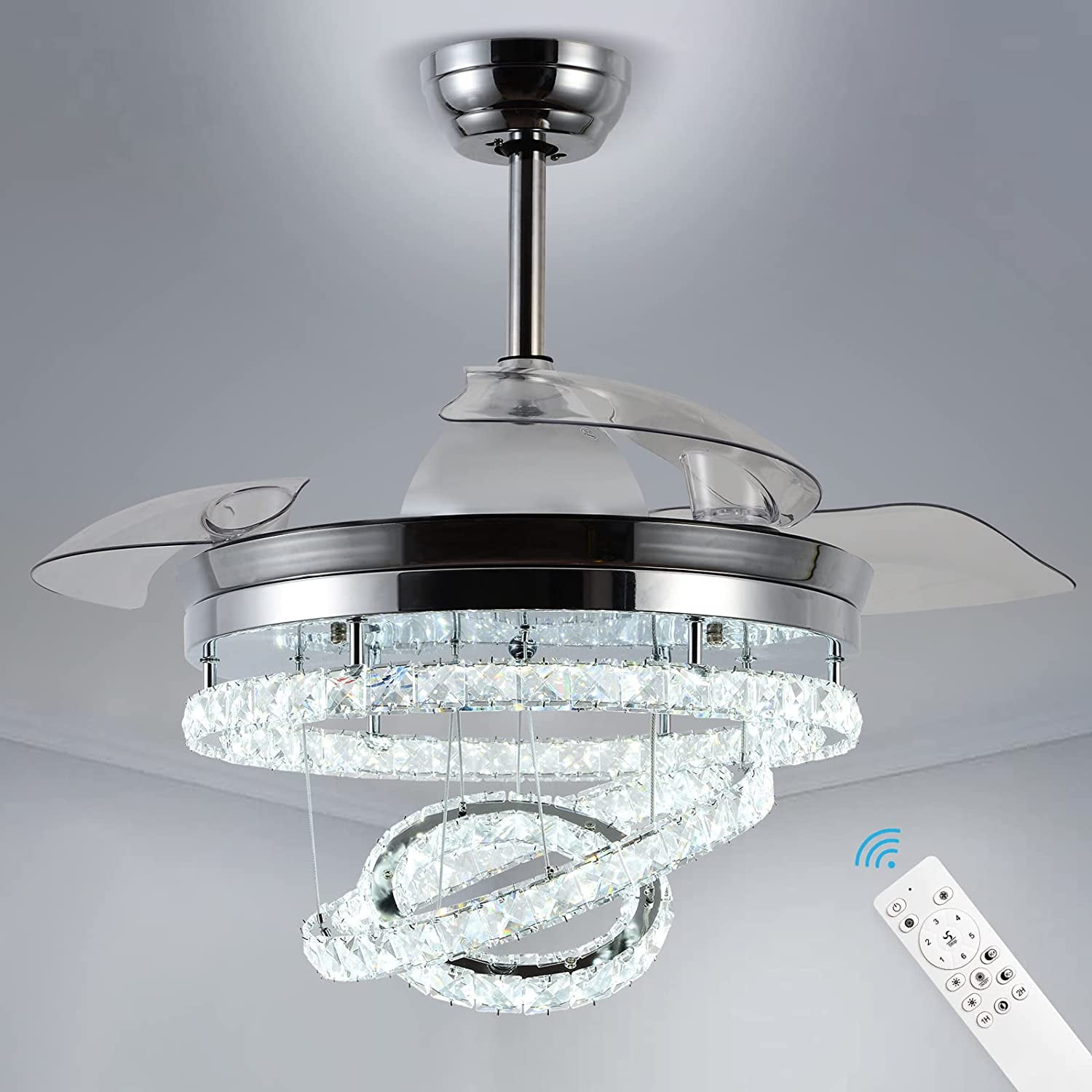 42" Dimmable Fandeliers Modern Crystal Chandelier Ceiling Fan with ...