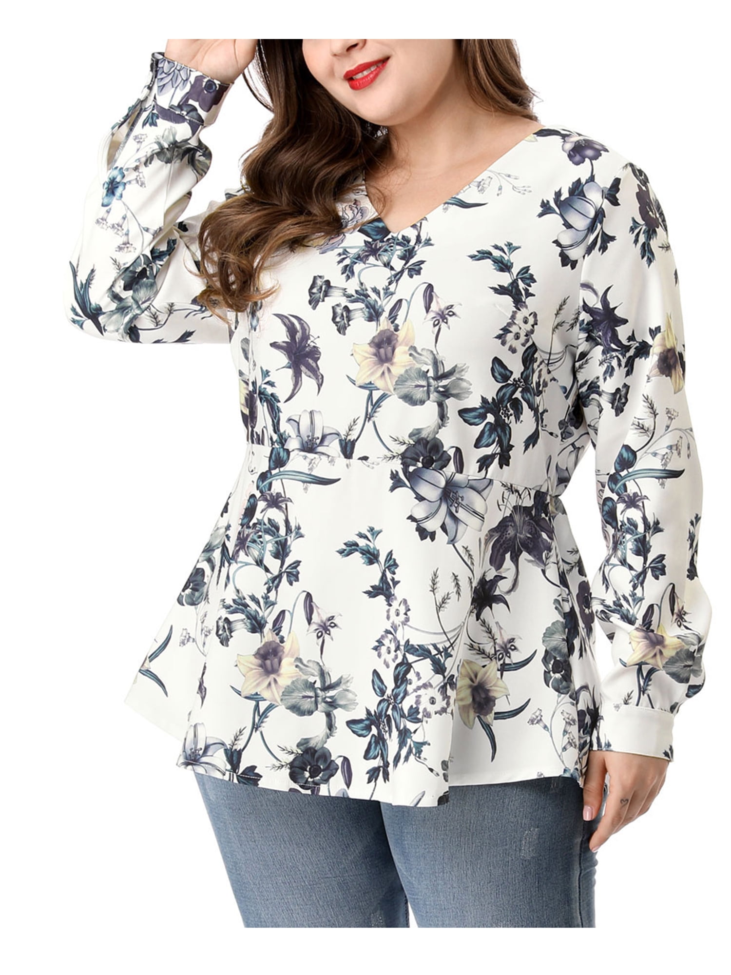 Womens Plus Size V Neck Top Long Sleeves Floral Peplum White 3x