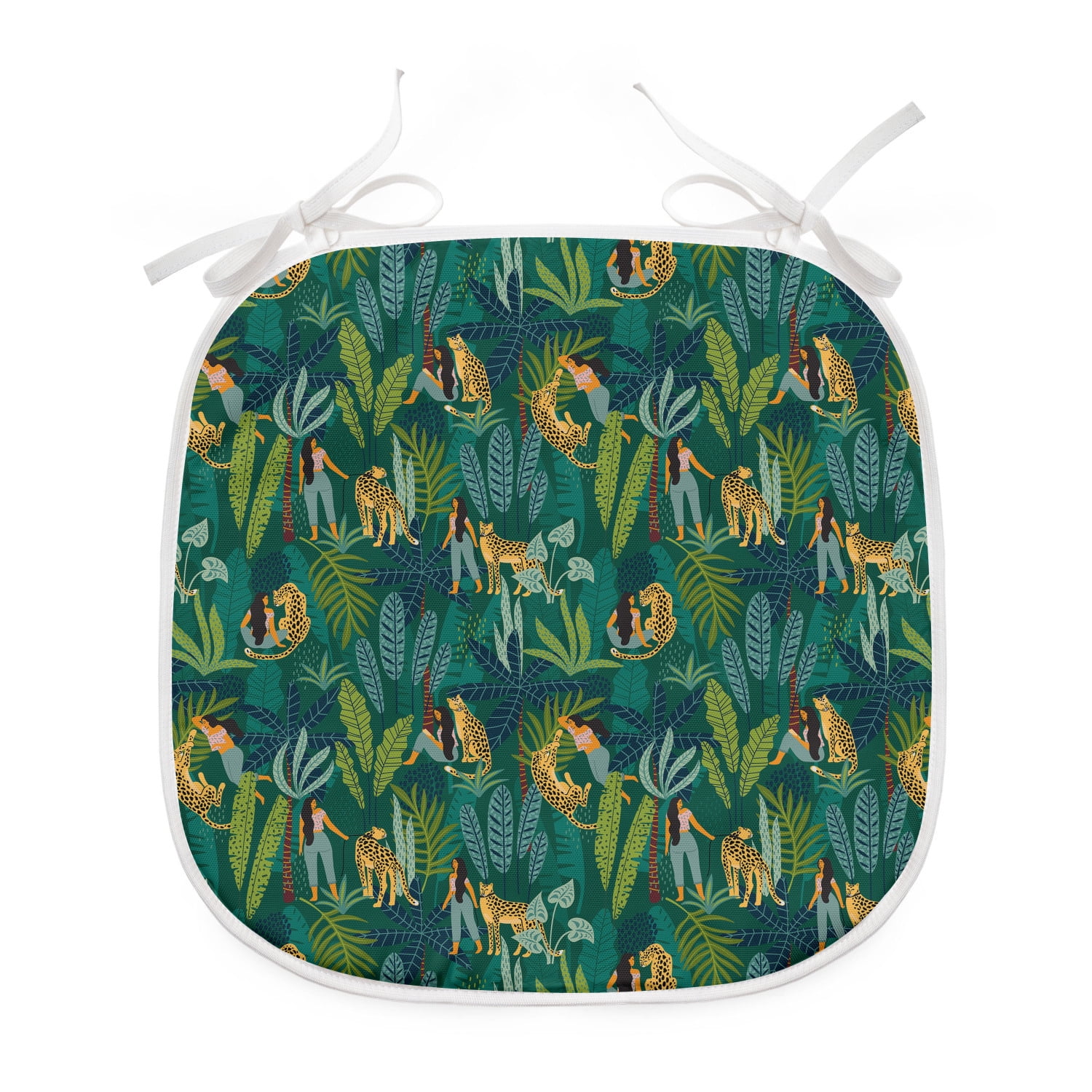 Wildlife Dining Chair Pad, Girl in Jungle Along a Leopard Illustration ...