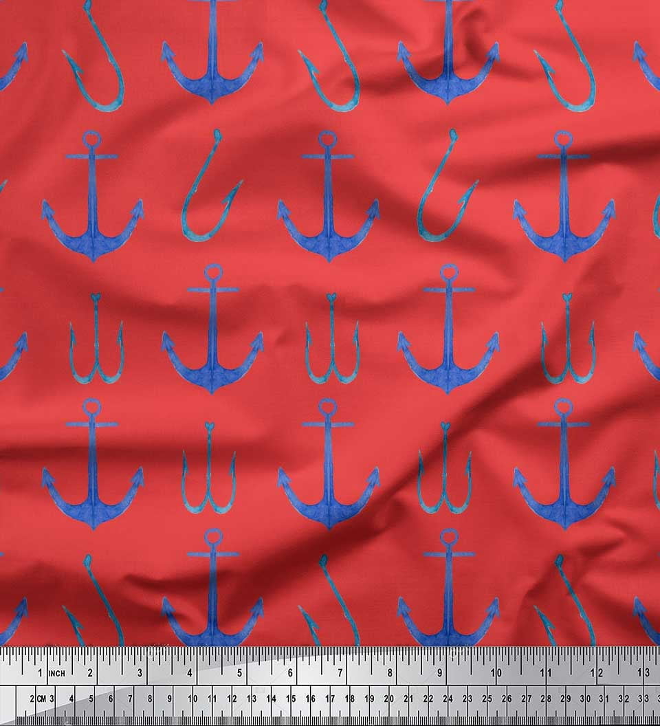 Soimoi Orange Viscose Chiffon Fabric Anchor Hook Nautical Print Fabric ...