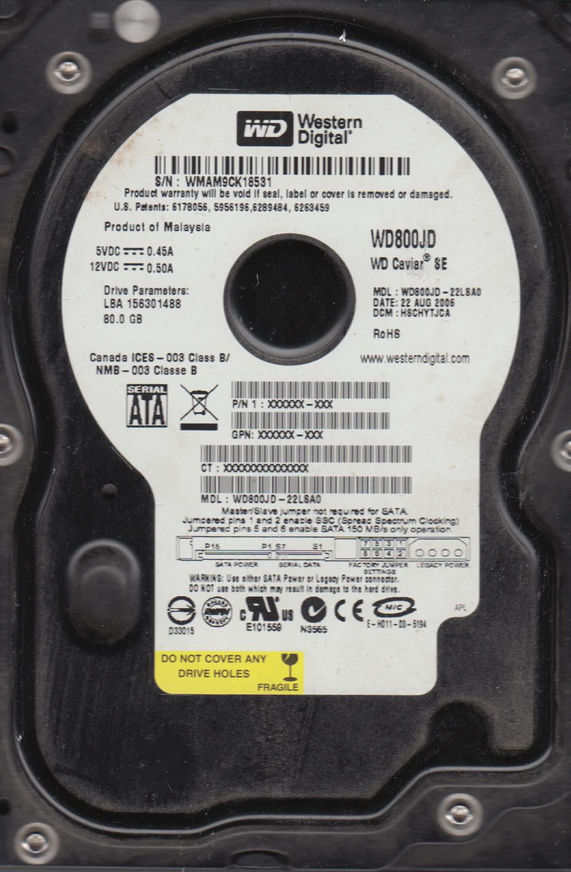 WD800JD-22LSA0, DCM HSCHYTJCA, Western Digital 80GB SATA 3.5 Hard Drive ...