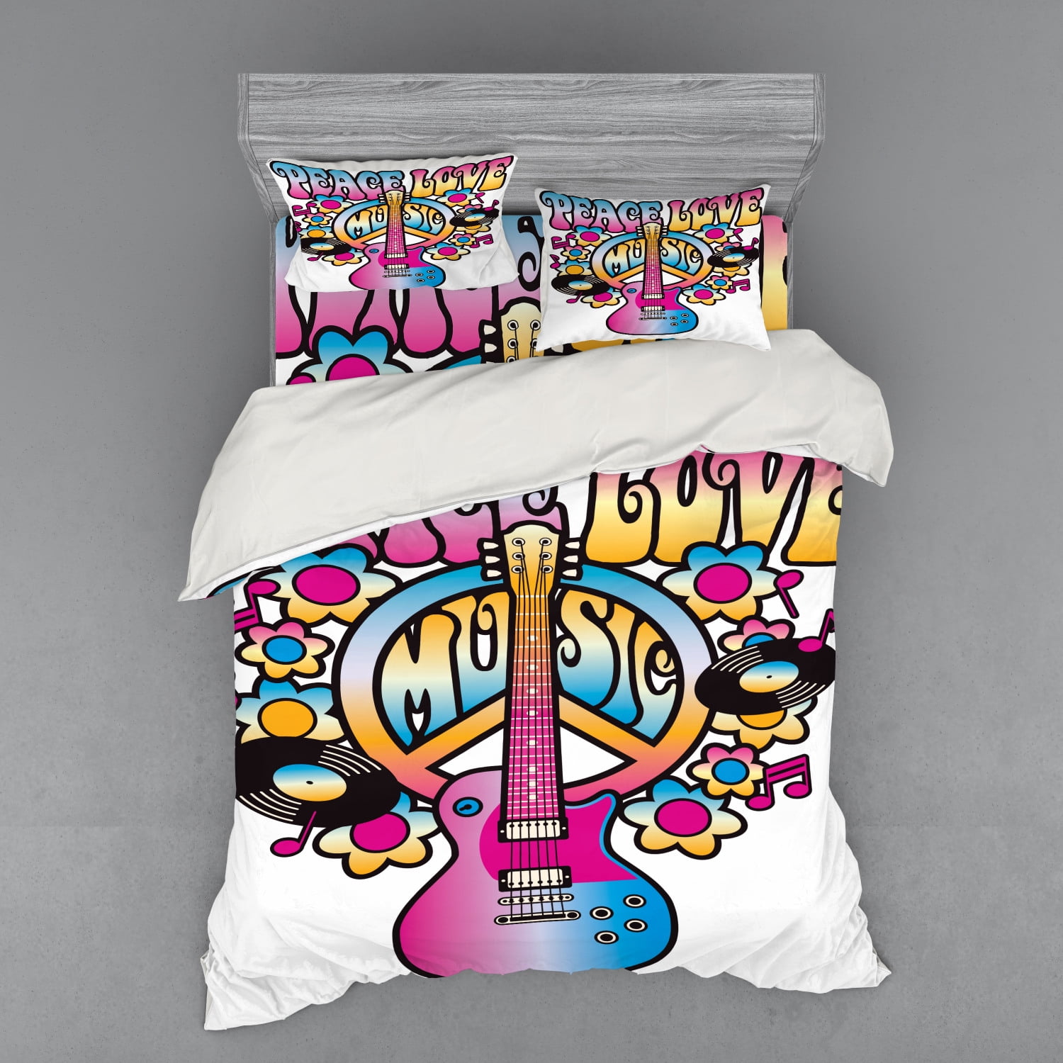 Groovy Duvet Cover Set, Peace Love Music Text Guitar Records Flowers ...