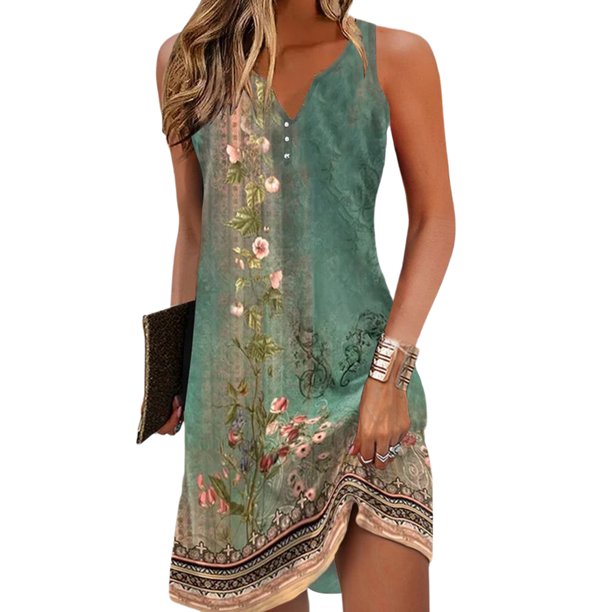 Lumento Women Tank Dress Floral Print Short Mini Dresses Sleeveless