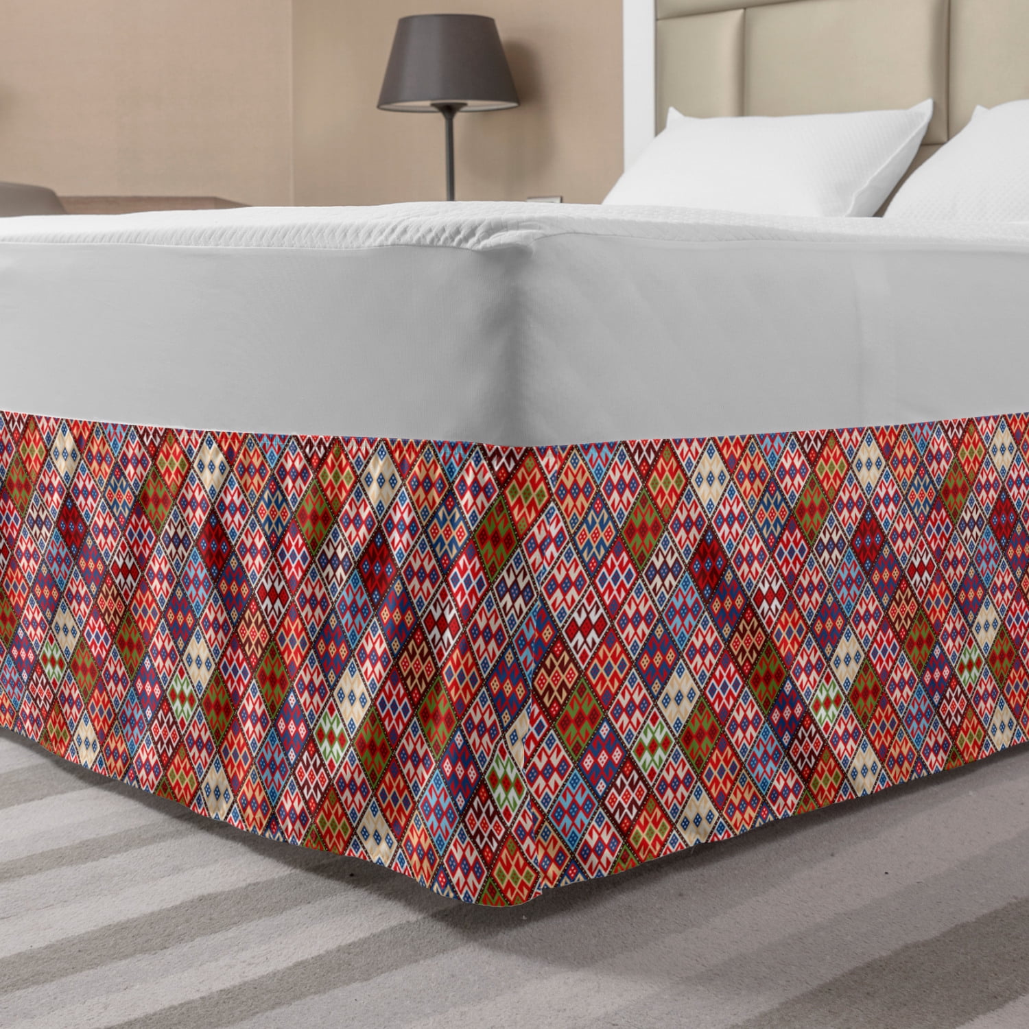 Colorful Bed Skirt, Various Skewed Square Nomadic Rug Looking Seamless ... Colorful Bed Skirt, Various Skewed Square Nomadic Rug Looking Seamless ...