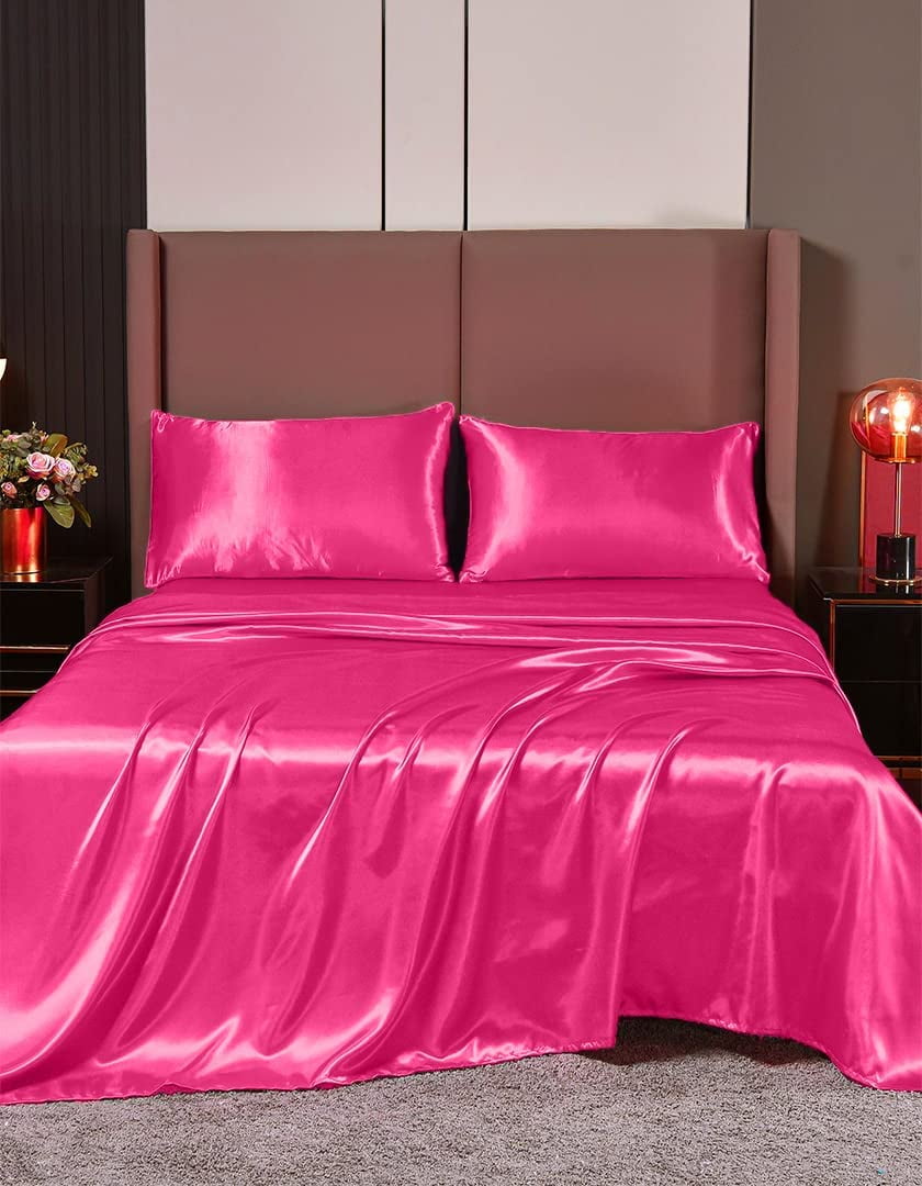 Cloud Fino Luxurious Satin bed sheets Hot Pink Silk Sheets King Deep ...