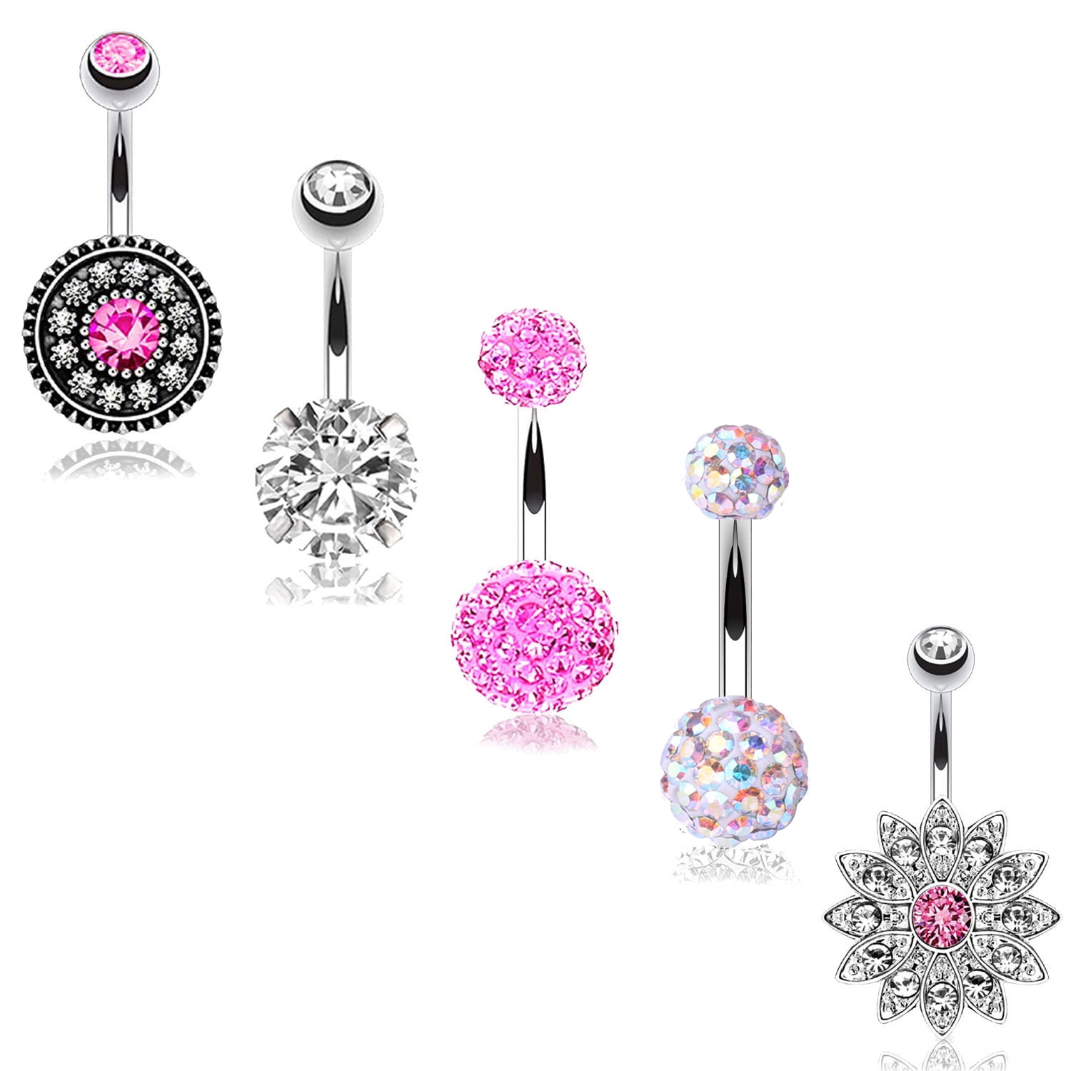 Bodyj4you 5pc Belly Button Rings 14g Flower Disco Ball Steel Pink Cz