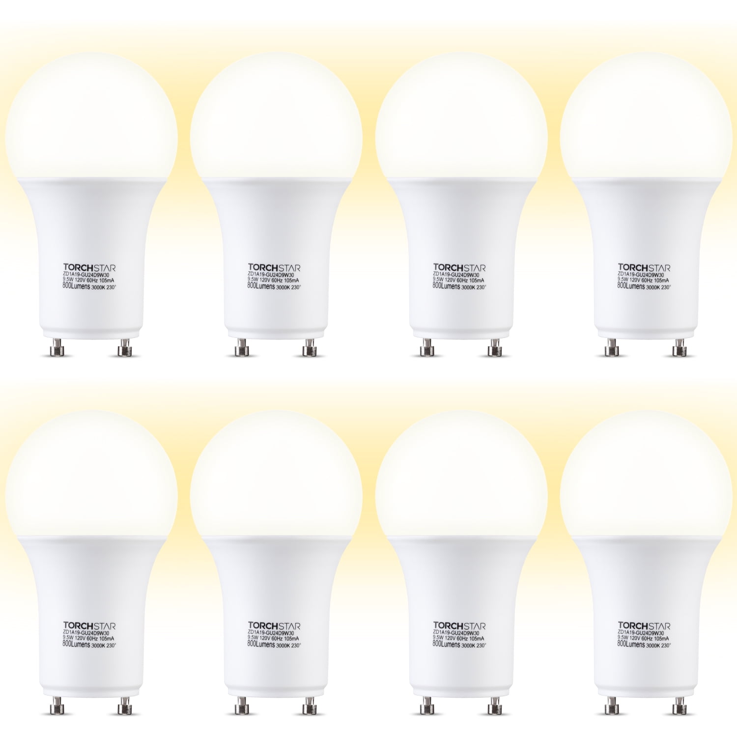 TORCHSTAR 8 Pack Dimmable GU24 Base LED Light Bulb, 3000K Warm White 9 ...
