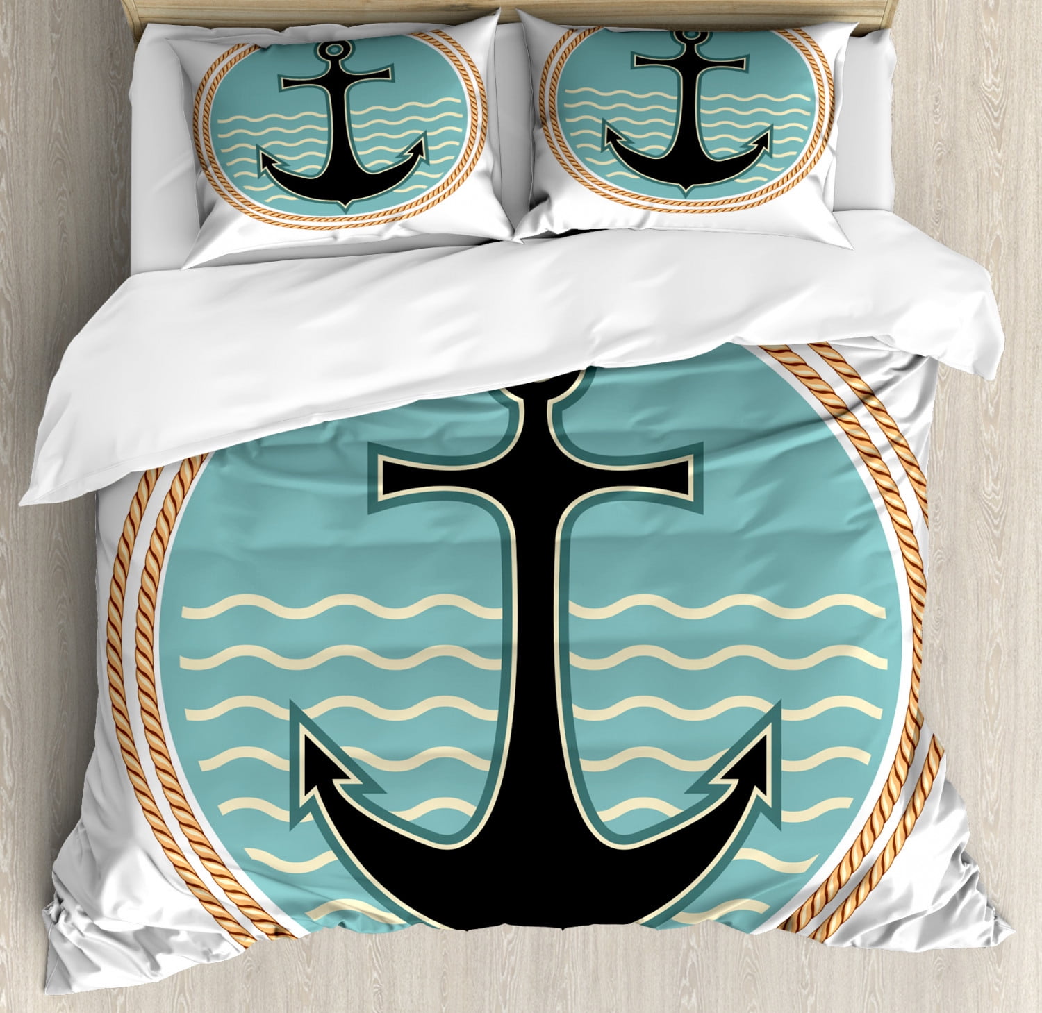 Anchor Queen Size Duvet Cover Set, Nautical Symbol with Wavy Ocean ...