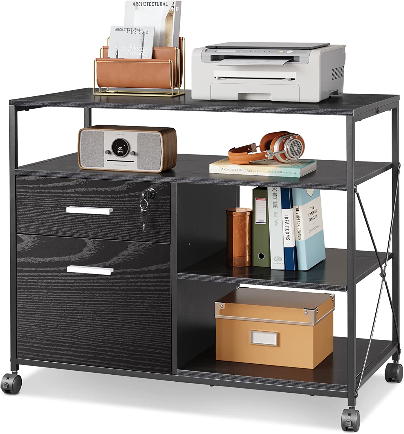 SHMAMT 2 Drawer Wood File Cabinet with Lock, Mobile Printer Stand with ...