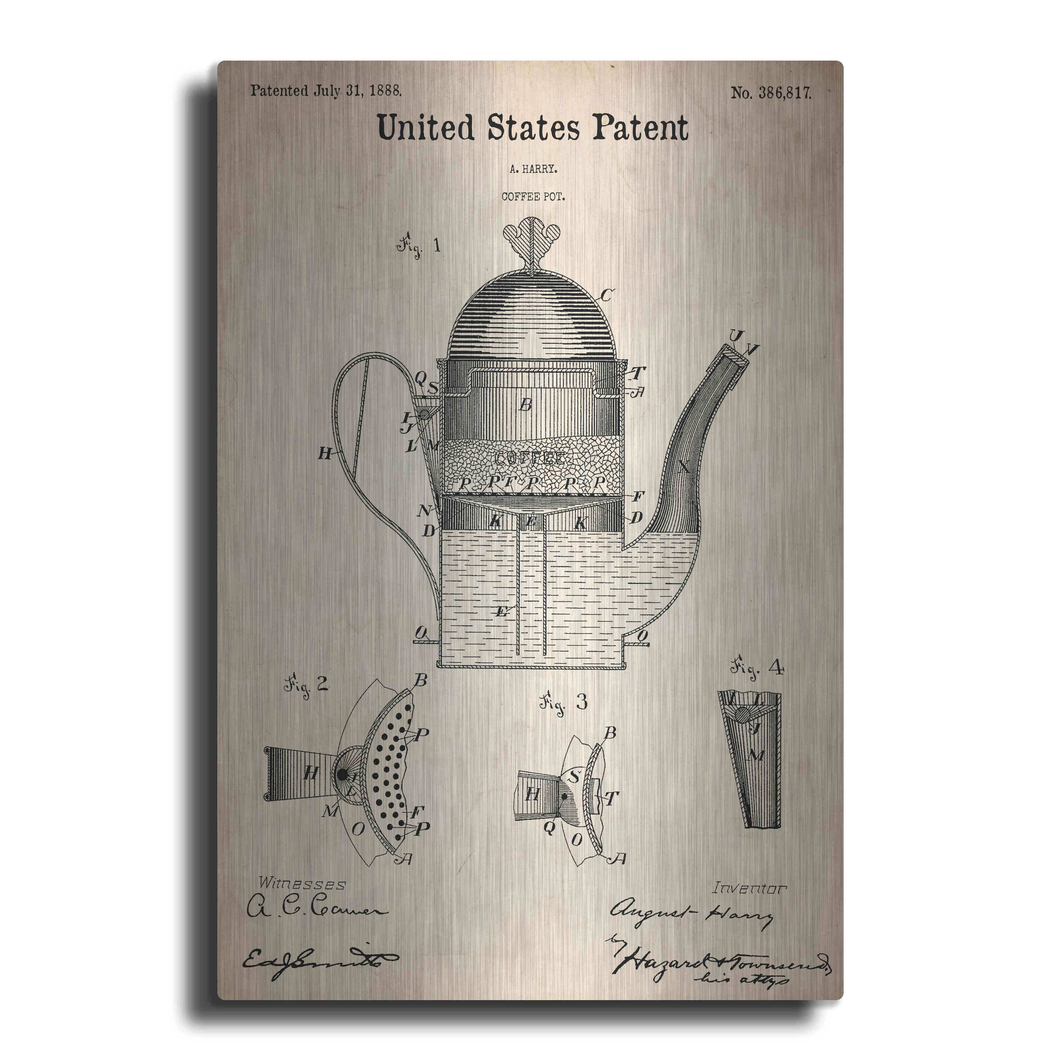 Luxe Metal Art 'Coffee Pot Blueprint Patent Parchment,' Metal Wall Art ...