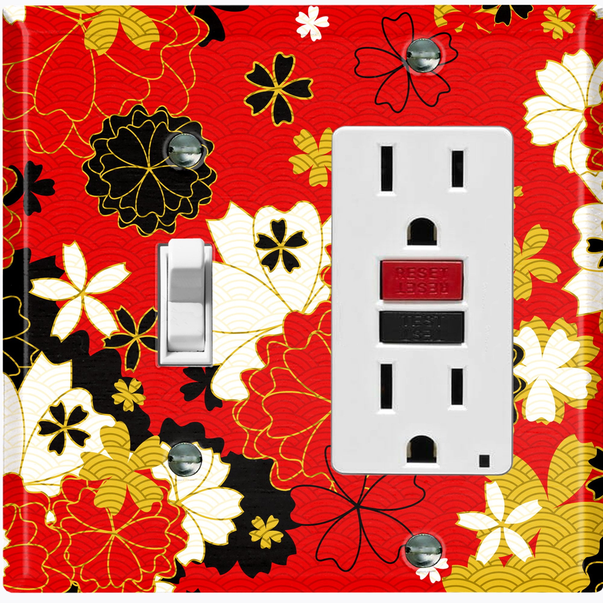 Metal Light Switch Plate Cover Japanese Flower Pattern Red Wallpaper ...