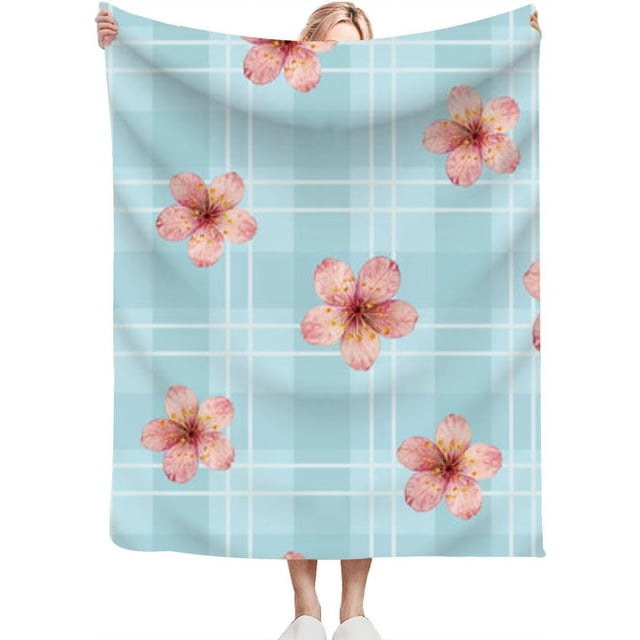 Cherry Blossom Motif a Blue Checkered Throw Blanket for Couch Bed Soft ...