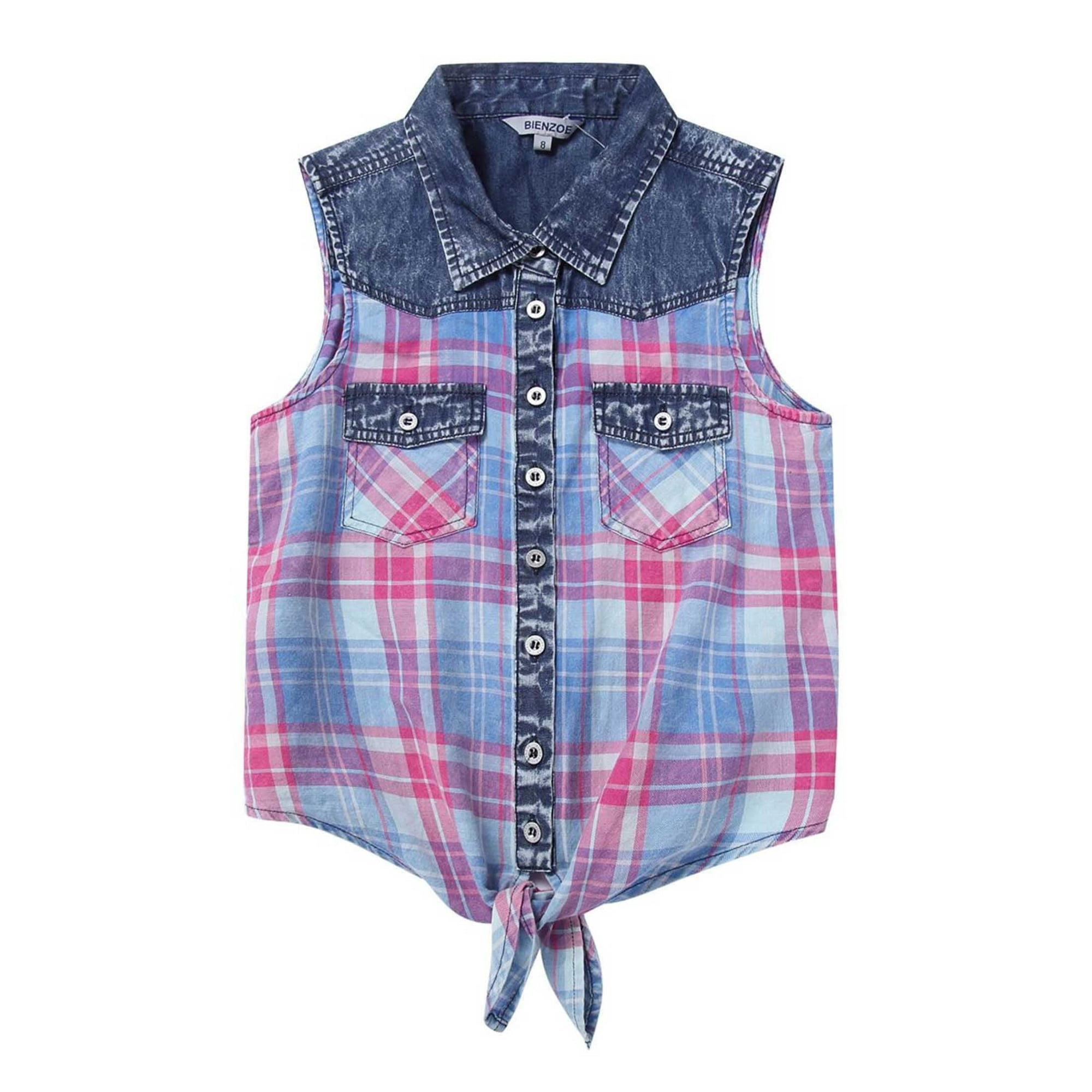 Click here for Bienzoe Girls Plaid Denim Sleeveless Blouse Casual... prices