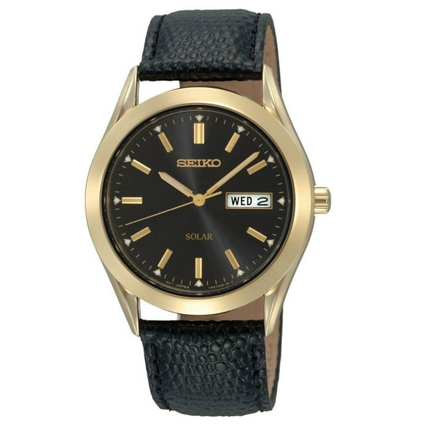 Seiko - Seiko Men's SNE054 Solar Dress Black Dial Black Leather Strap Gold Tone Steel Watch ...