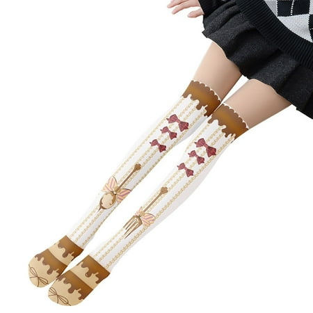 Women Cartoon Bowknot Fork Spoon Strawberry Print Thigh High Stockings ...