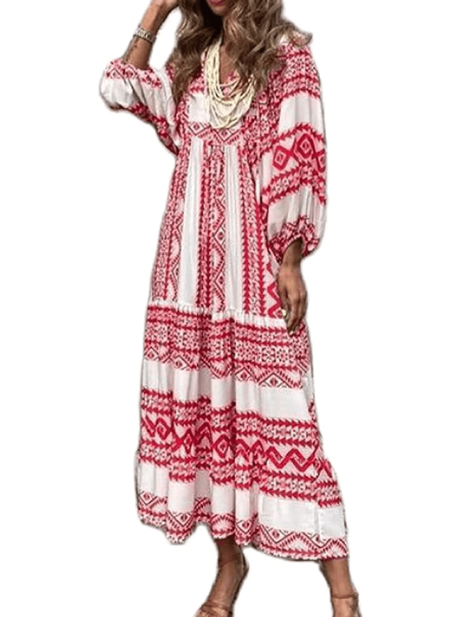 Women Fashion Boho Print Half Sleeve Dress V Neck Strap Loose Splice
