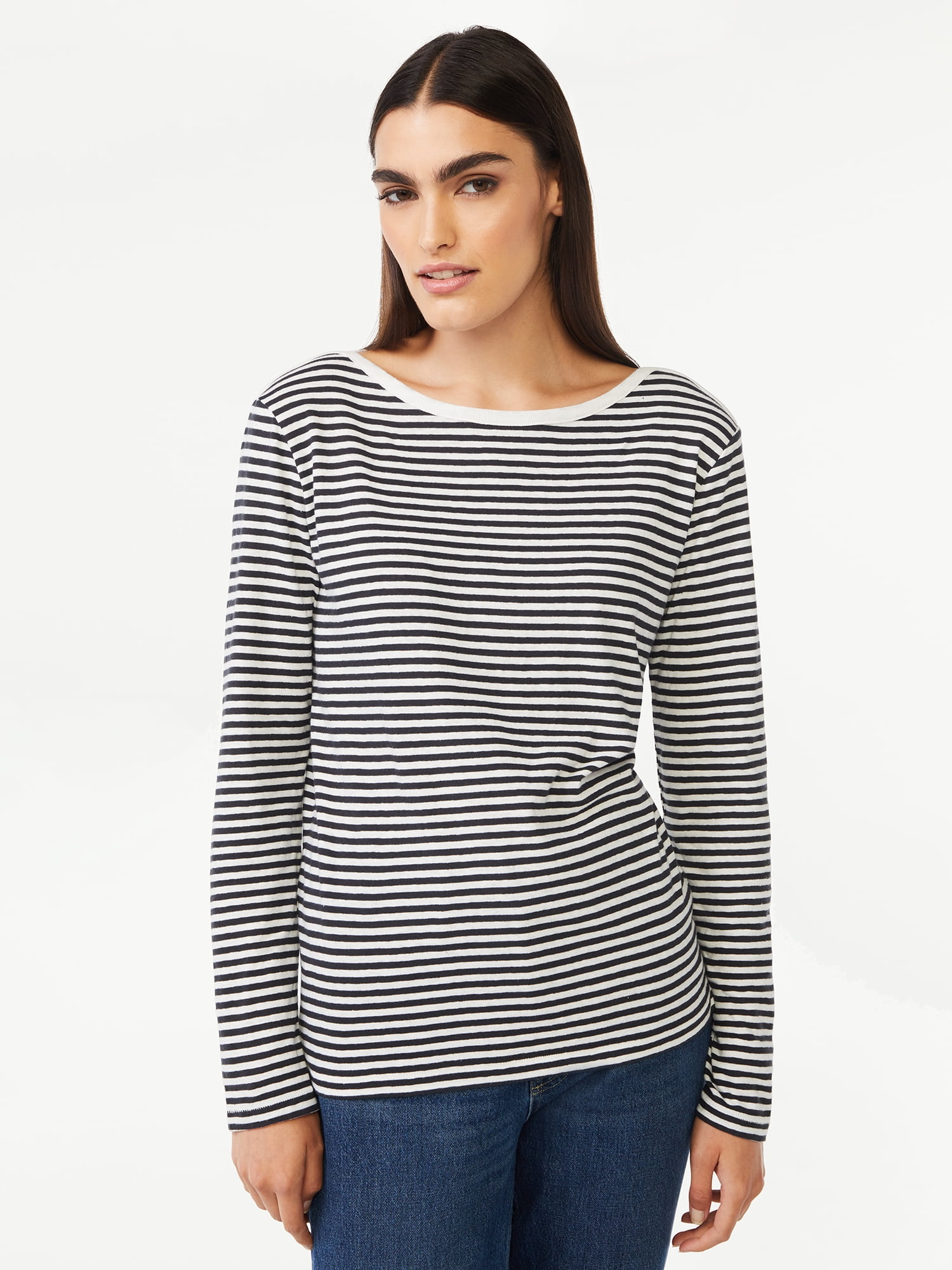 Free Assembly Women's Drop Shoulder Breton Tee with Long Sleeves ...