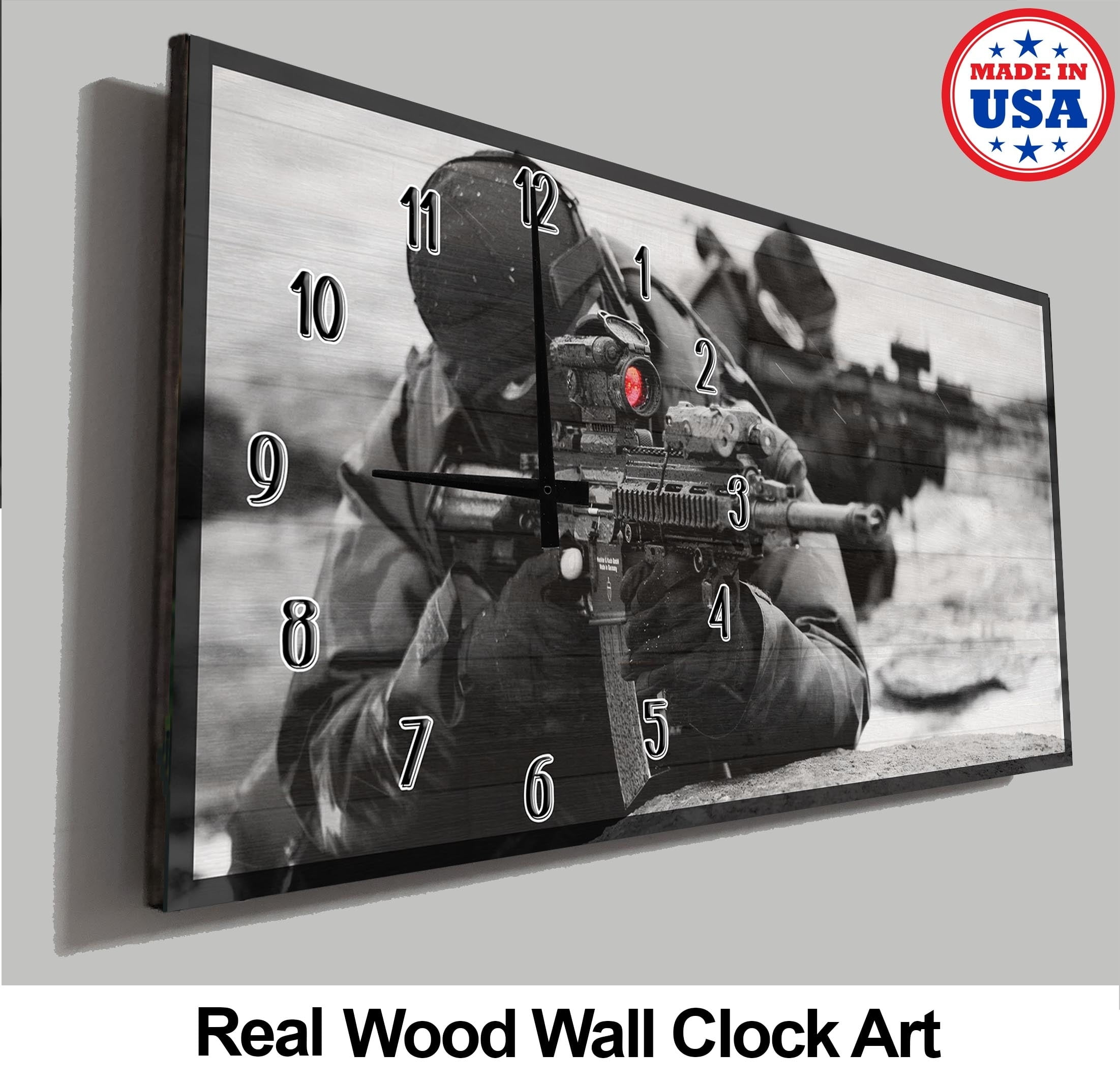 Military Wall Clock Black And White Soldier Aiming Through Sight Man ...