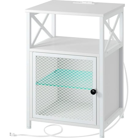 XGBB End Table with Charging Station, Nightstand LED with Storage Shelf ...
