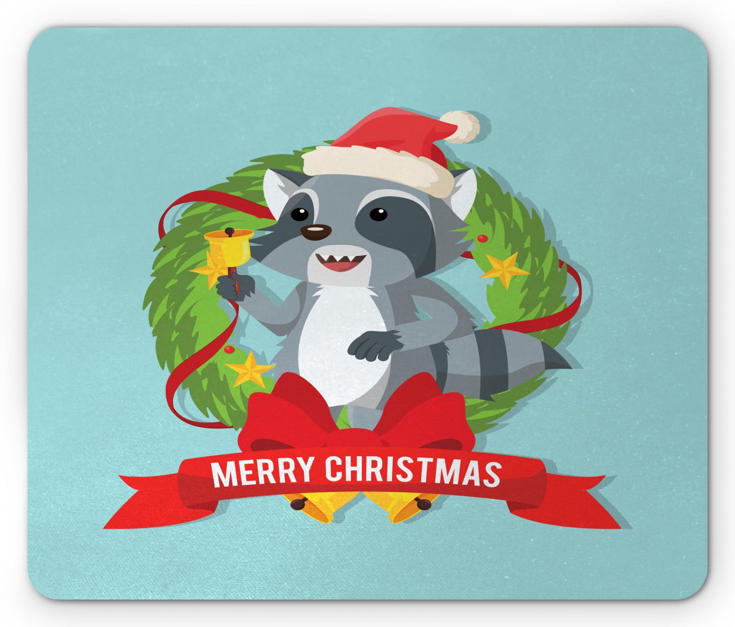 Christmas Mouse Pad, Racoon with Santa Hat and Bell Noel Wreath Merry ...