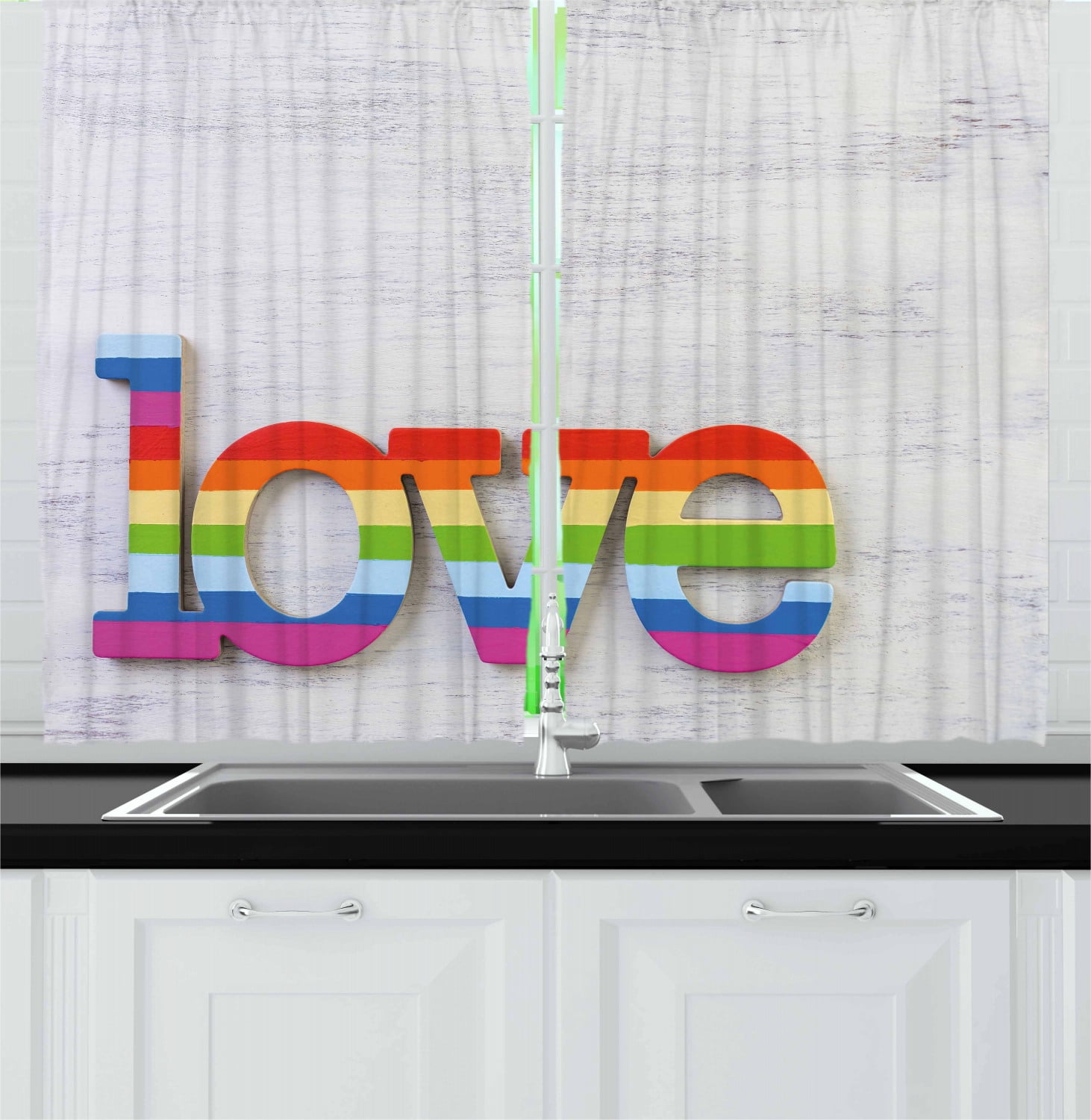 Pride Curtains 2 Panels Set Rainbow Colored Love Sign On Wooden