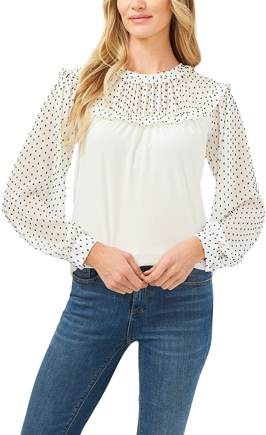CeCe Women's Clip Dot Ruffle Yoke Top White Size Medium - Walmart.com