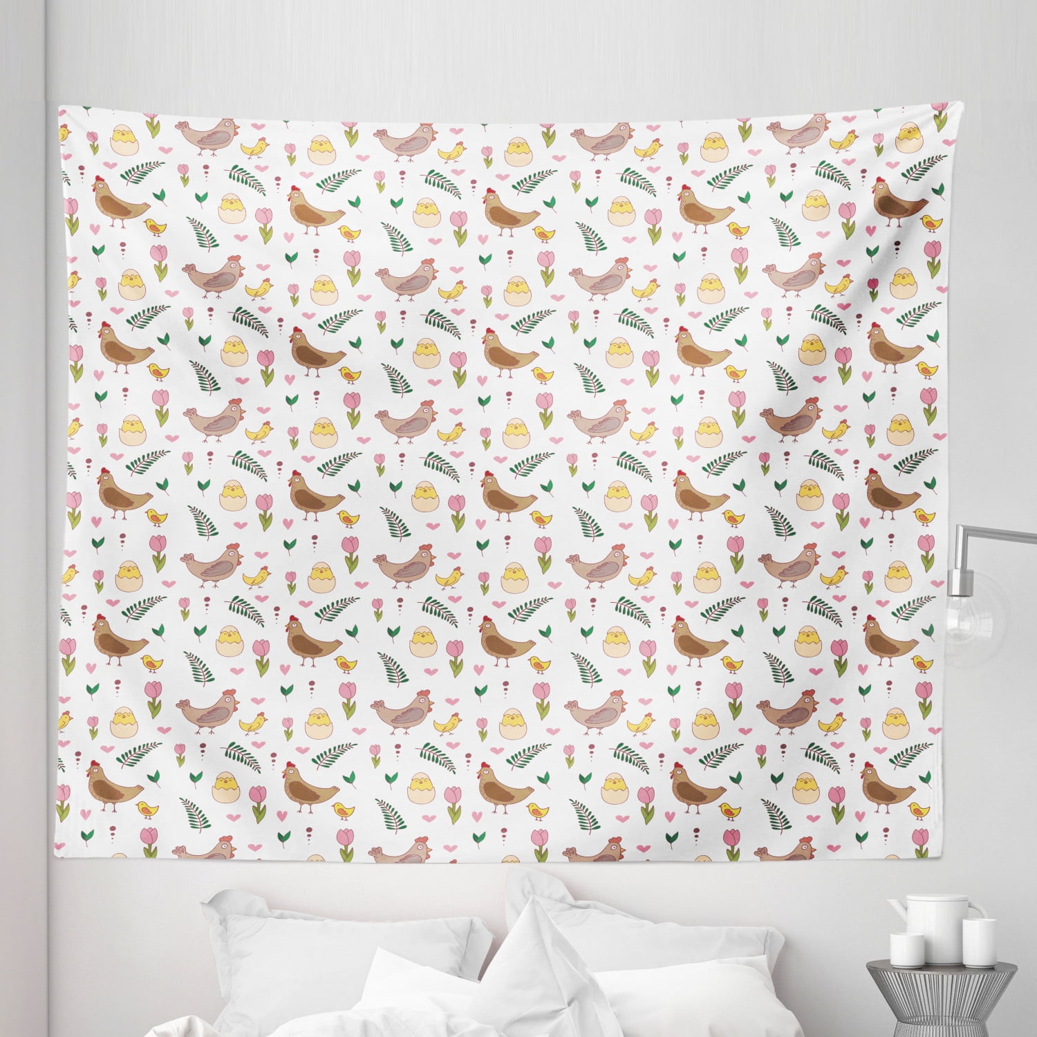 Animals Tapestry, Pattern Chickens Hatching Flowers and Heart Motifs ...