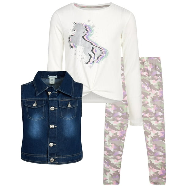 One Step Up Girls' Leggings Set - 3 Piece Denim Jean Vest, Long Sleeve ...