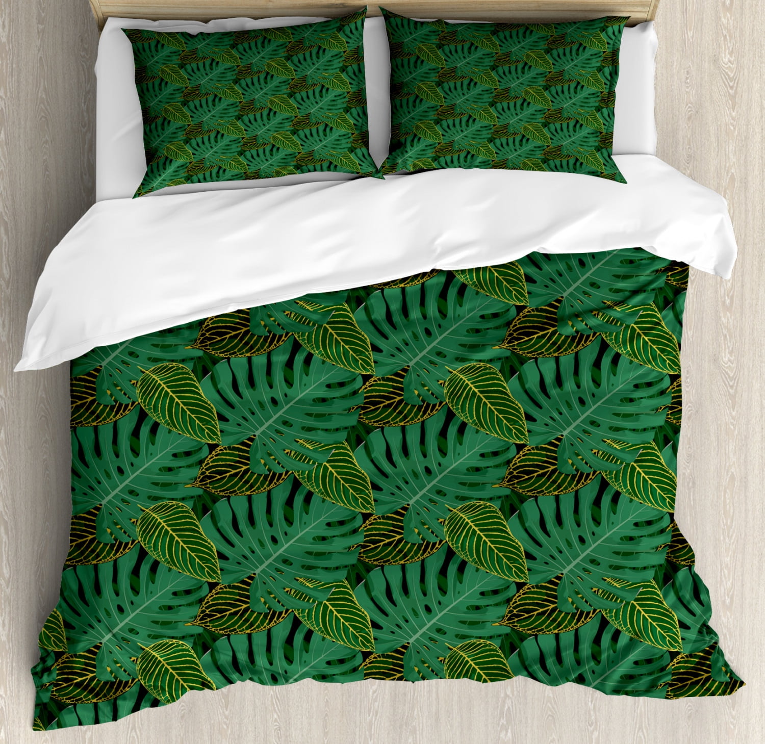 Leaves Duvet Cover Set King Size, Continuous Monstera Exotic Tropical ...