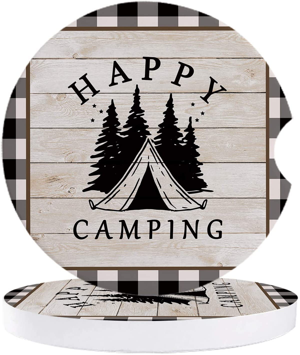 FMSHPON Happy Camping Plaid Wood Grain Set of 6 Car Coaster for Drinks ...