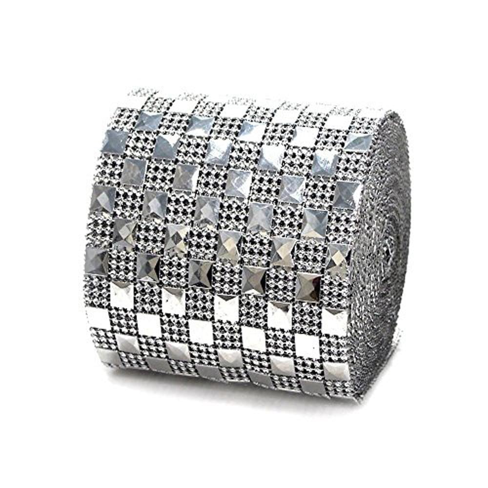 Pyramid Studs Checkered Rhinestone Diamond Mesh Wrap, Silver, 4-inch ...