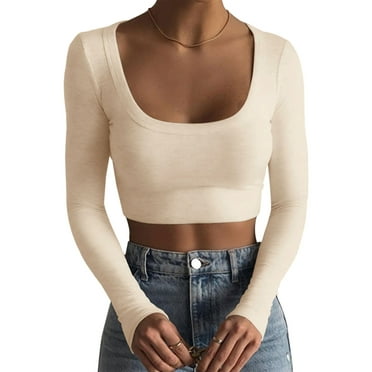 A2Y Women's Basic Solid Stretchable Scoop Neck Long Sleeve Crop Top White S - Walmart.com