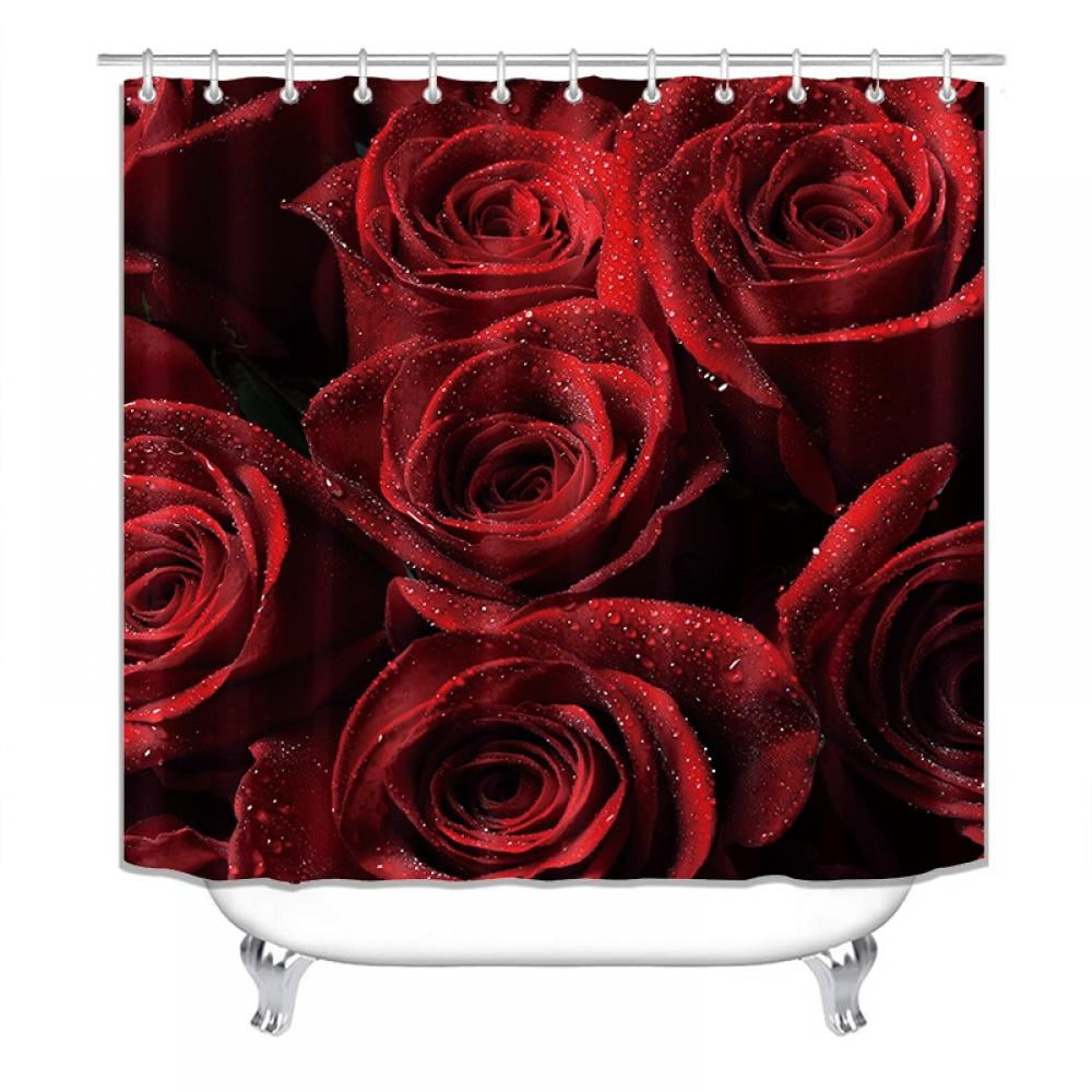 Yinrunx 4 Piece Rose Shower Curtain Sets with Romantic Flowers Rugs ...