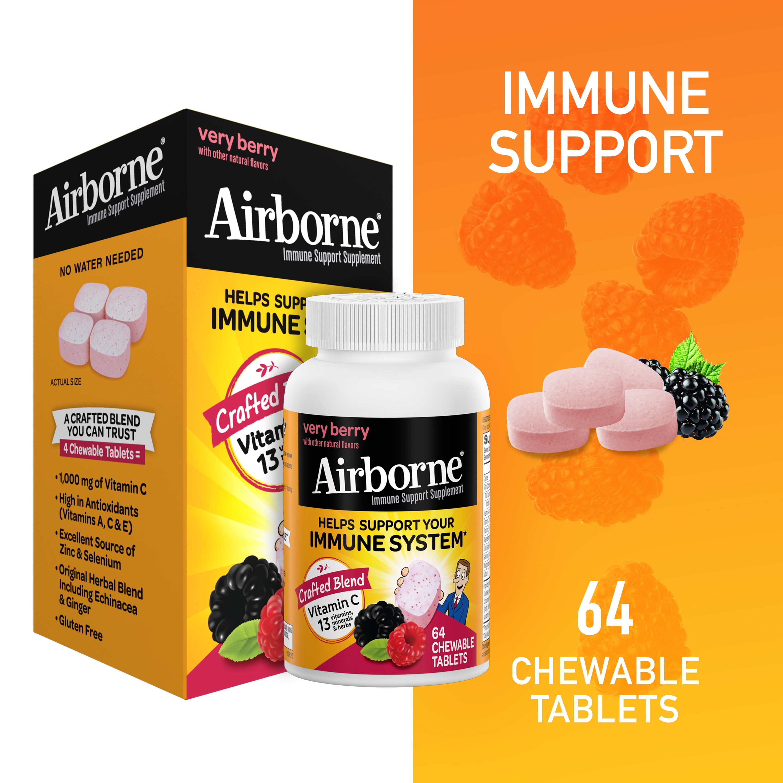 Airborne Very Berry Chewable Tablets, 64 count – 1000mg of Vitamin C ...