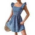 Jaimenalin Women Floral Mini Dress Square Neck Ruffle Shoulder Back Tie ...