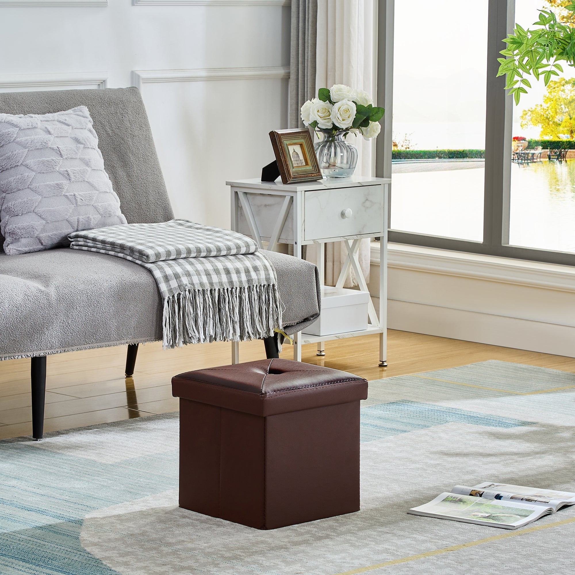 VECELO 12" Folding Storage Ottoman Bench, Faux Leather Footrest Couch ...