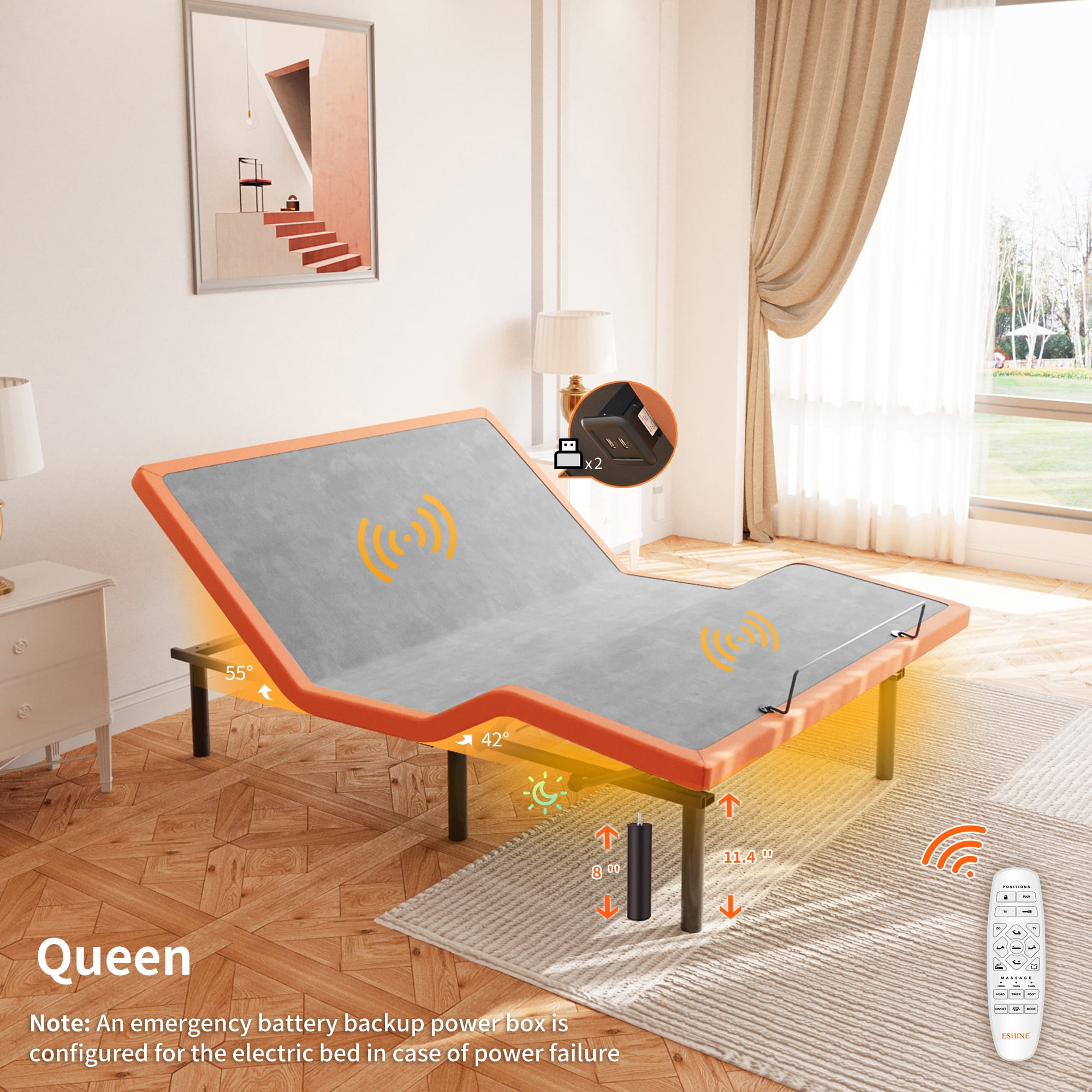 ESHINE Queen Adjustable Bed Frame, with Massage, Wireless Remote, USB ...