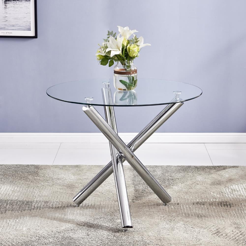 Zimtown Contemporary Glass Top Round Dining Table, In Chrome, Sliver ...